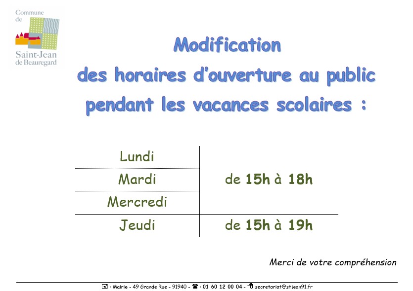 Vacances Scolaires – Modif. horaire Secrétariat Mairie | Mairie de St Jean de Beauregard